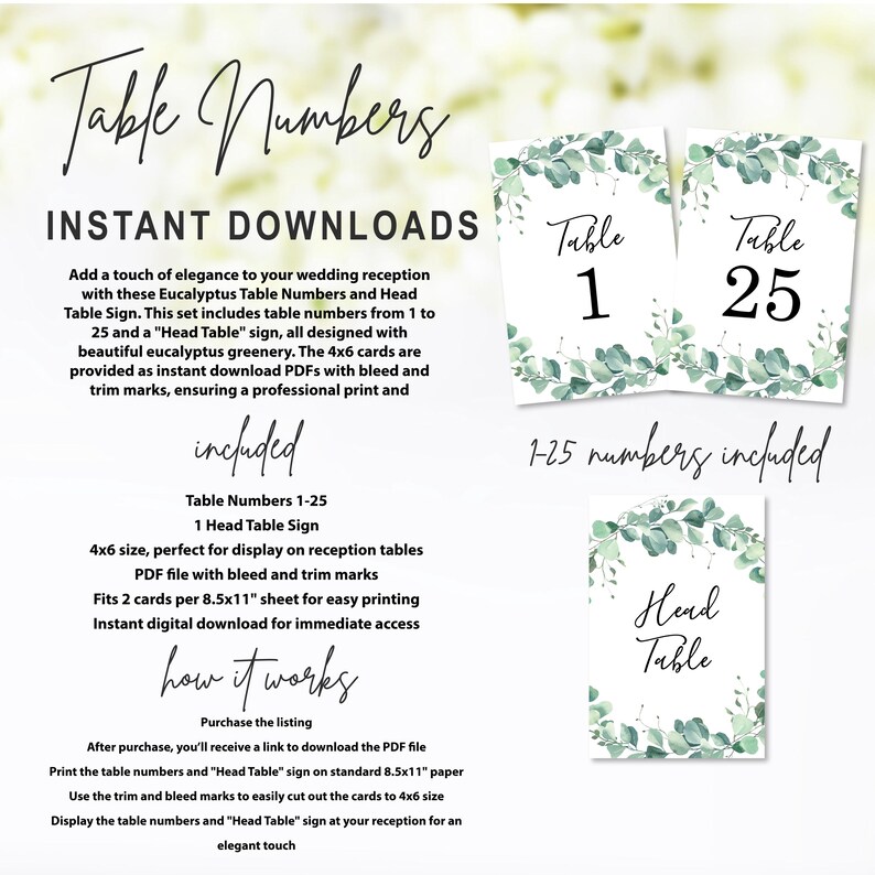 Eucalyptus Table Numbers 1-25 & Head Table | Instant Download | 4x6 ...