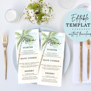 Beach Palm Tree Wedding Place Menu – 4x9" Editable Corjl Template ...