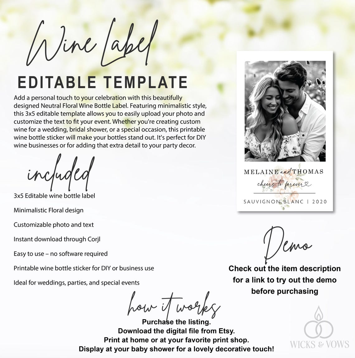 Neutral Floral Wine Bottle Label – Editable 3x5 Template – Modern Wine ...