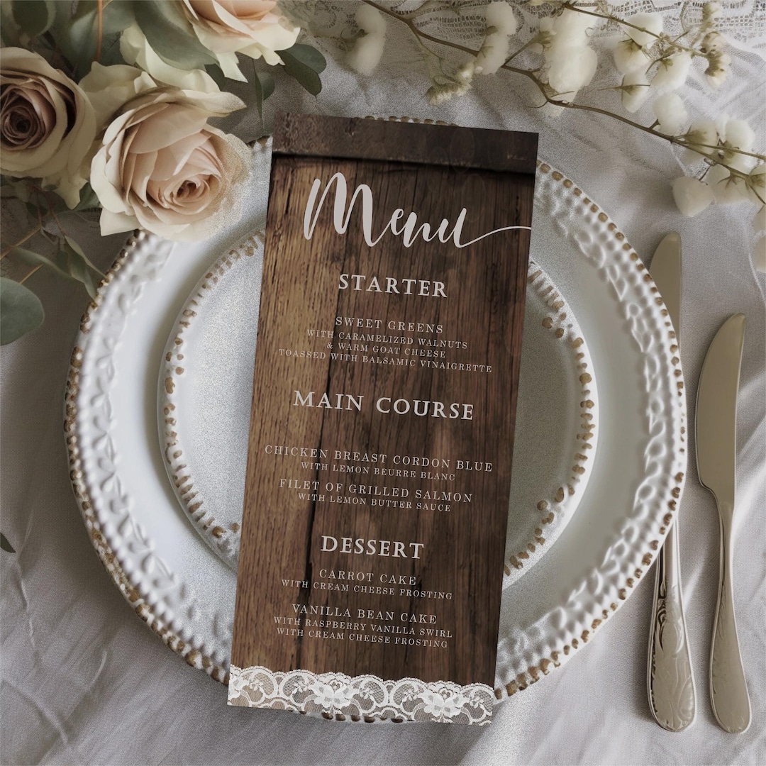 Country Rustic Wedding Menu Place Card | Rustic Barrel & Mason Jar ...