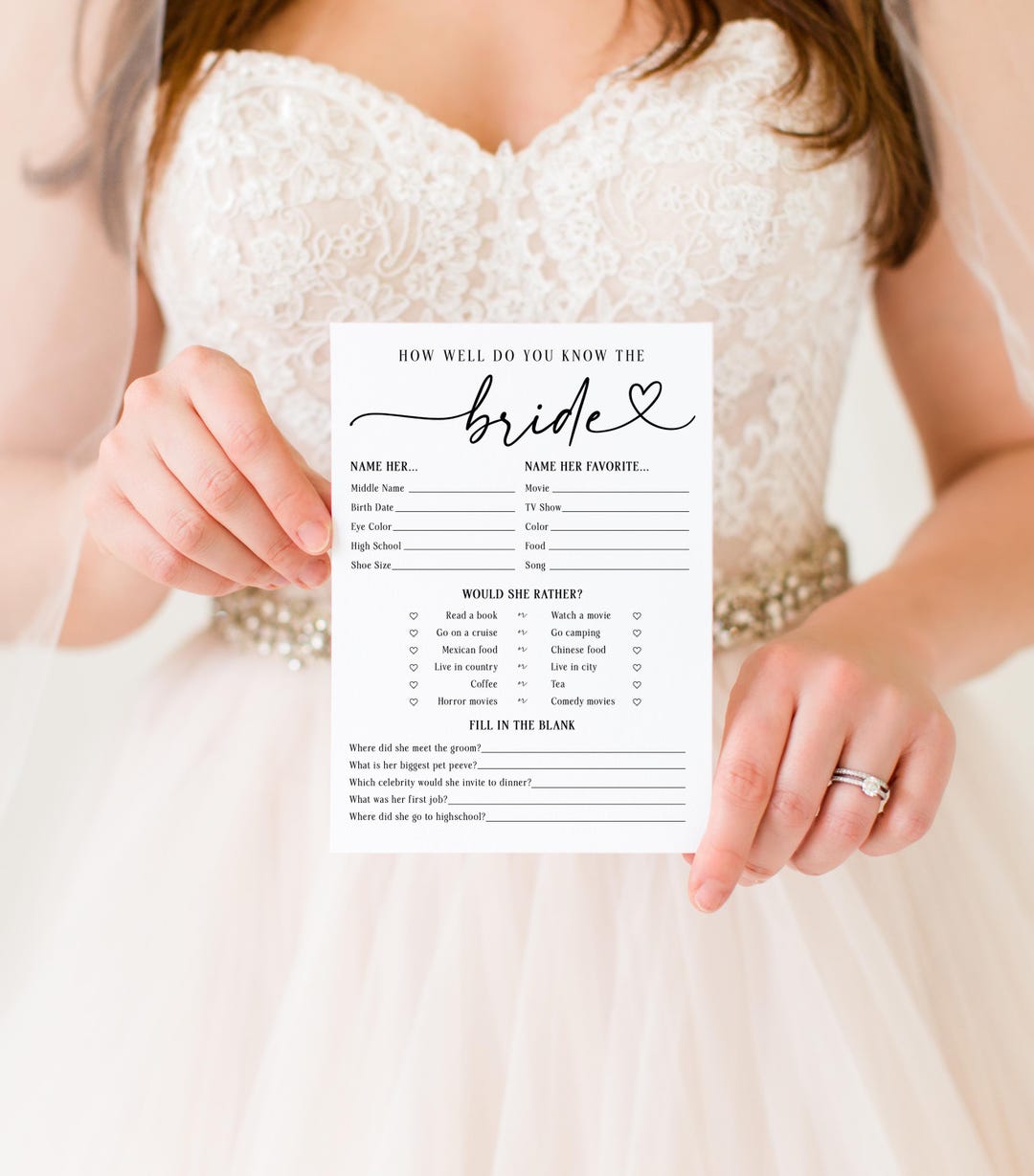 White Minimalistic Who Knows the Bride Best? - 5x7" Editable Template ...