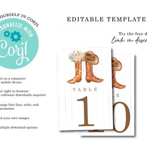 Country Boots Table Numbers | Editable 4x6 Corjl Template | Cowboy ...