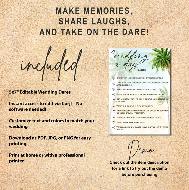 Palm Tree Beach Wedding Dares Game Cards - 5x7" Editable Template - Fun ...