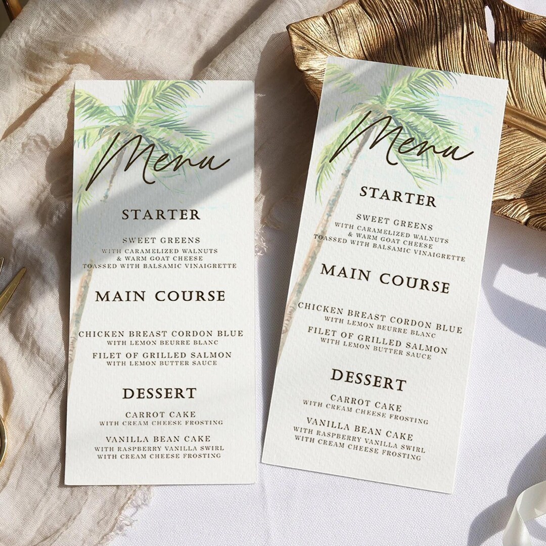 Beach Palm Tree Wedding Place Menu – 4x9" Editable Corjl Template ...