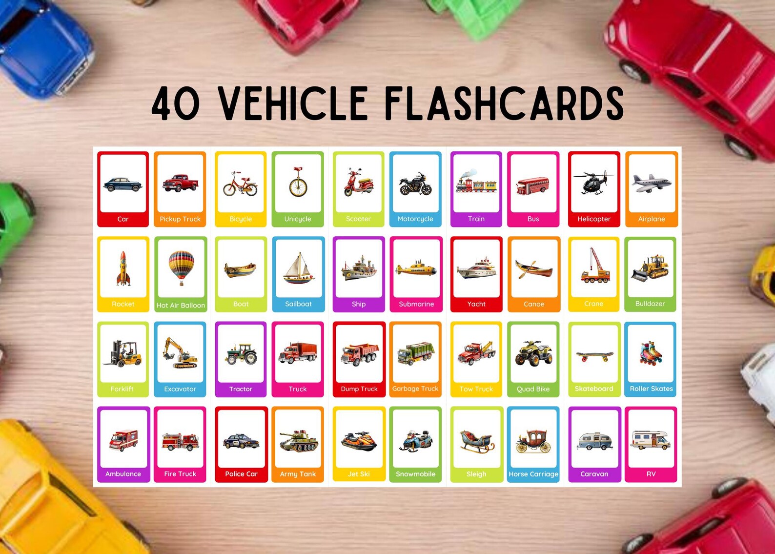 Printable Vehicle Flashcards for Kids Educational Learning Cards Cars ...