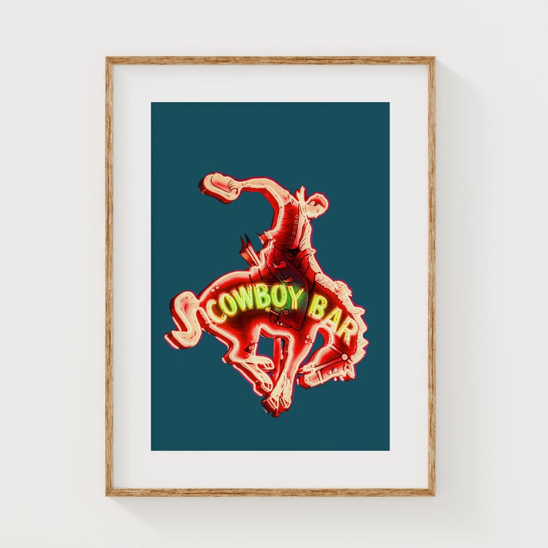 Western Prints, Cowboy Bar Neon Sign Print at Night: Jackson Hole ...