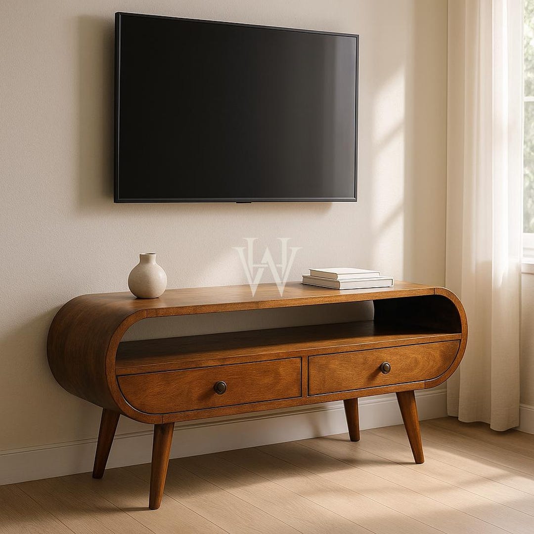 Solid Wood Circular TV Stand - Mid Century Modern Entertainment Unit ...