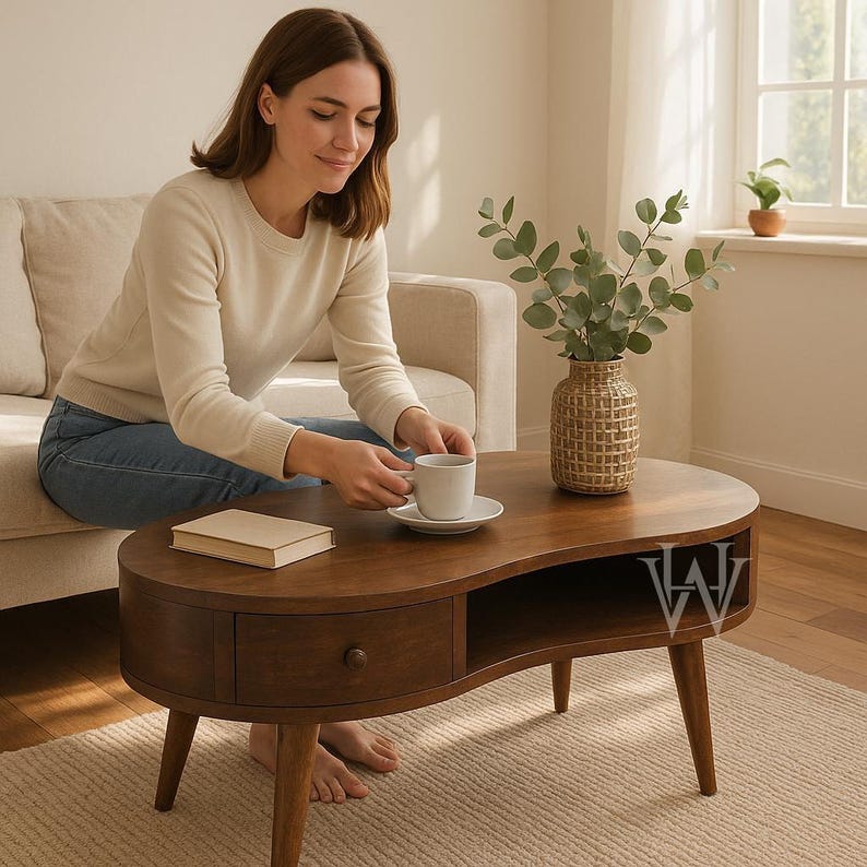 Solid Wood Wave Coffee Table - Mid Century Modern Coffee Table Wit 1 Drawer - Etsy