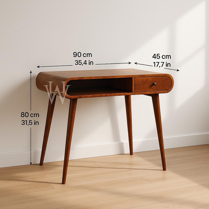 Solid Wood Curved Writing Table - Mid Century Modern Work Desk With 1 ...