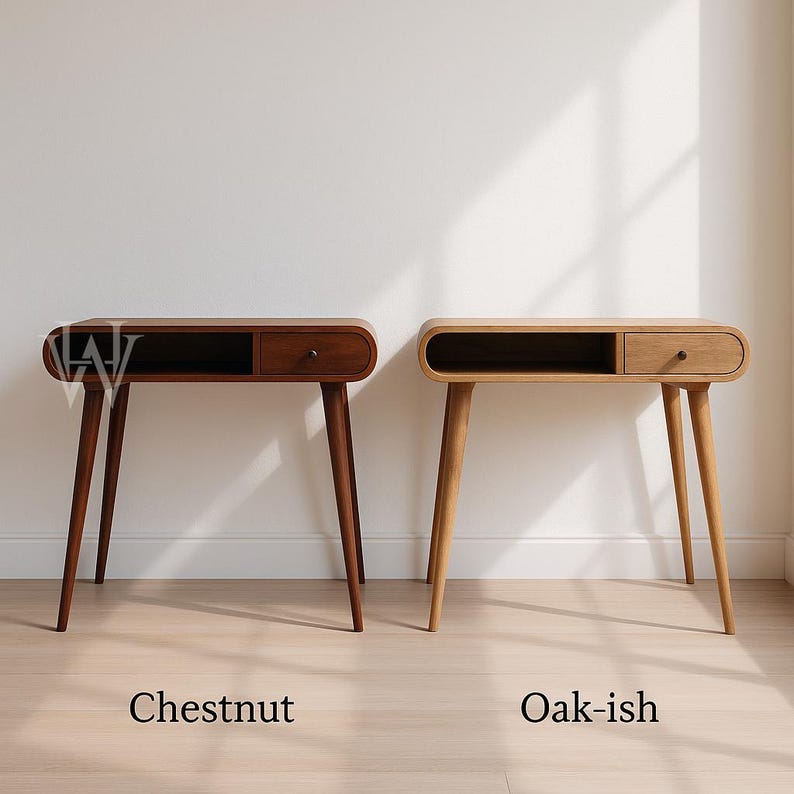 Solid Wood Curved Writing Table - Mid Century Modern Work Desk With 1 ...