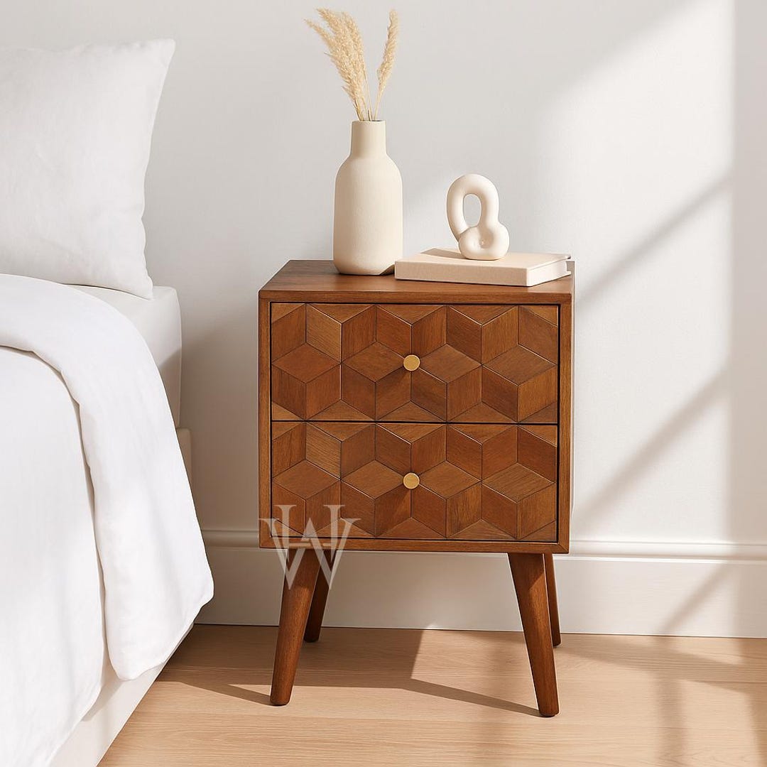 Solid Wood Cube Carved Nightstand - Mid Century Modern Bedside Table ...