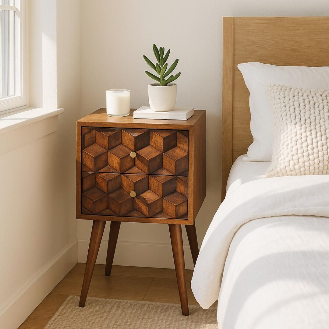 Solid Mango Wood Cube Nightstand - Mid Century Modern Bedside Table ...