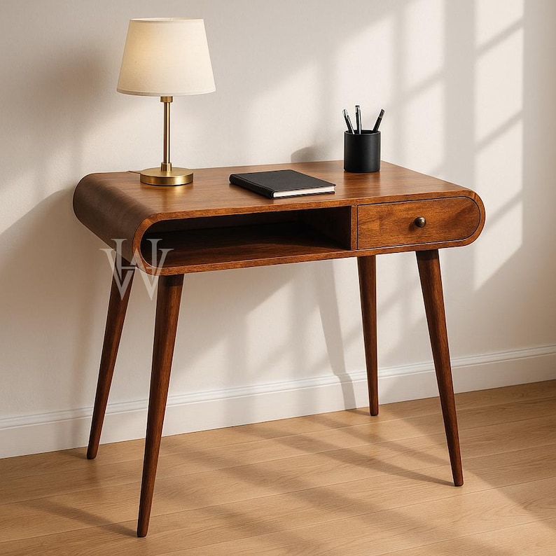Solid Wood Curved Writing Table - Mid Century Modern Work Desk With 1 ...