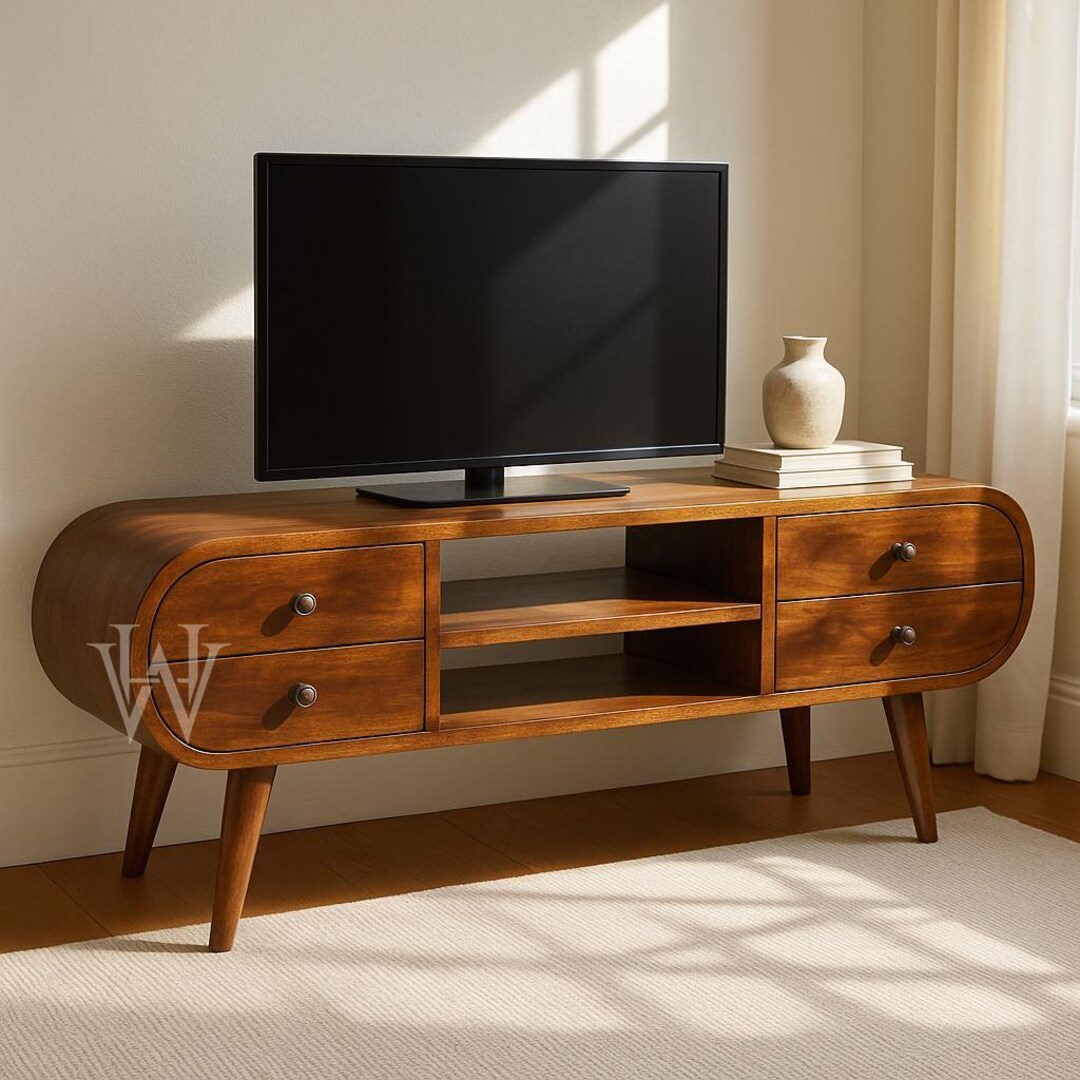 Solid Wood Circular TV Stand - Mid Century Modern Entertainment Unit ...