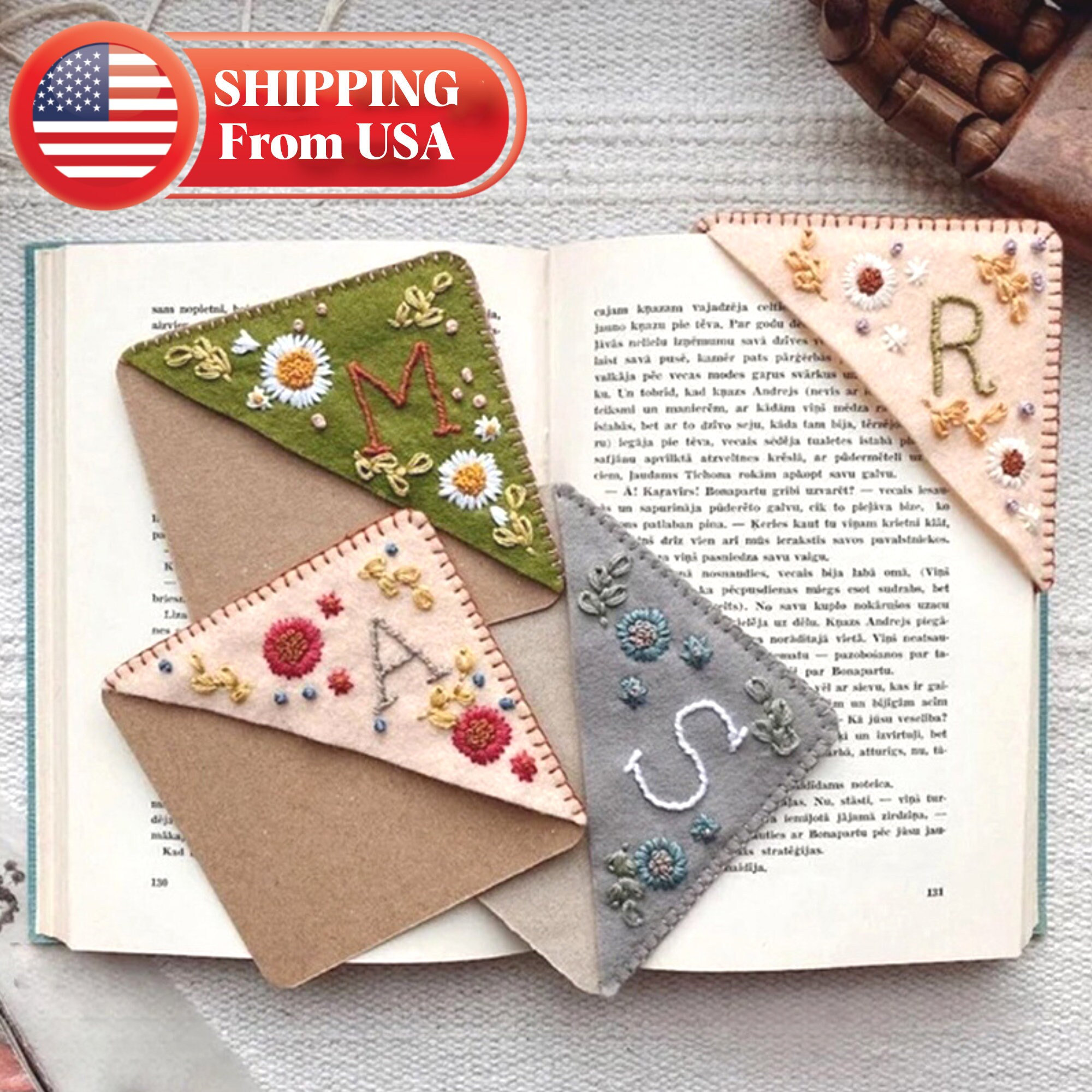 Personalized Hand Embroidered Corner Bookmark Felt Triangle - Etsy