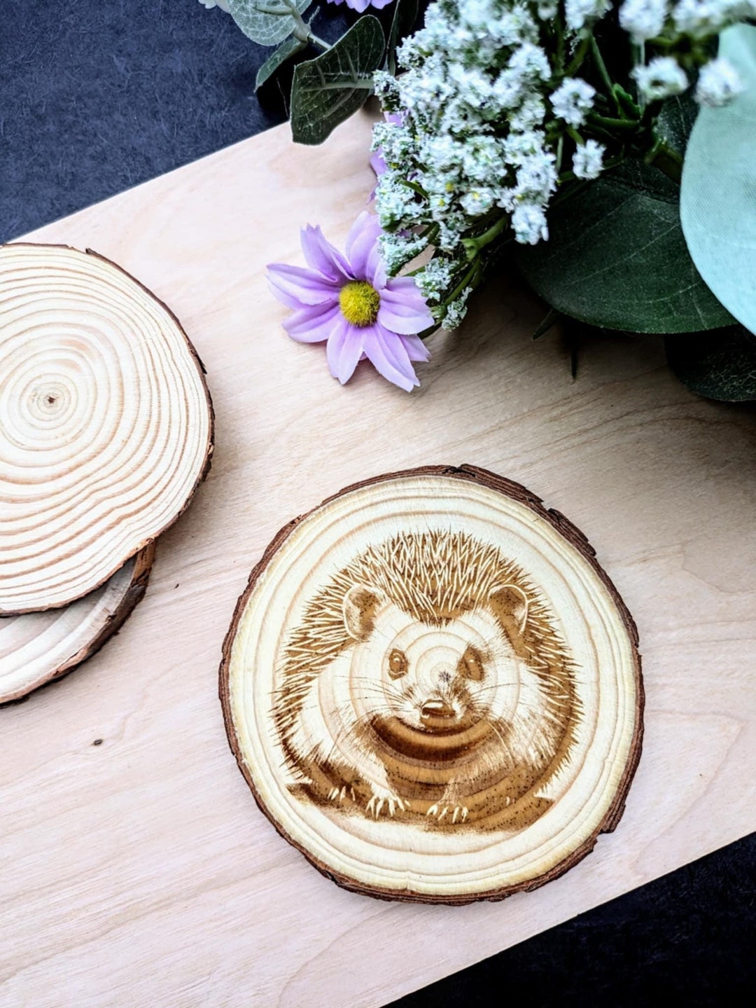 Set of Burned Hedgehog Wooden Coaster Natural Beeswax Finish - Ideal ...