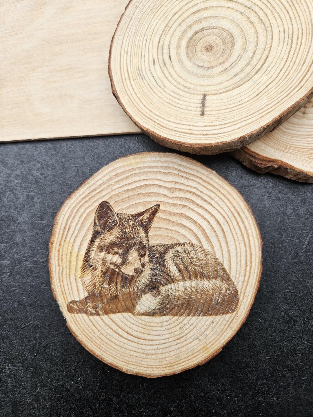 Set of Fox Coaster Handcrafted Log Slice Coasters With Fox Design ...