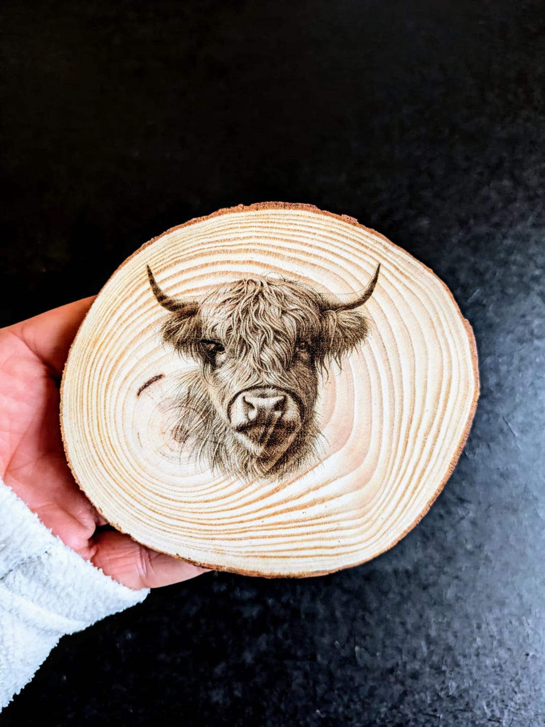 Custom Personlised Highland Cow Log Coaster Rustic Wood Decor Farmhouse ...