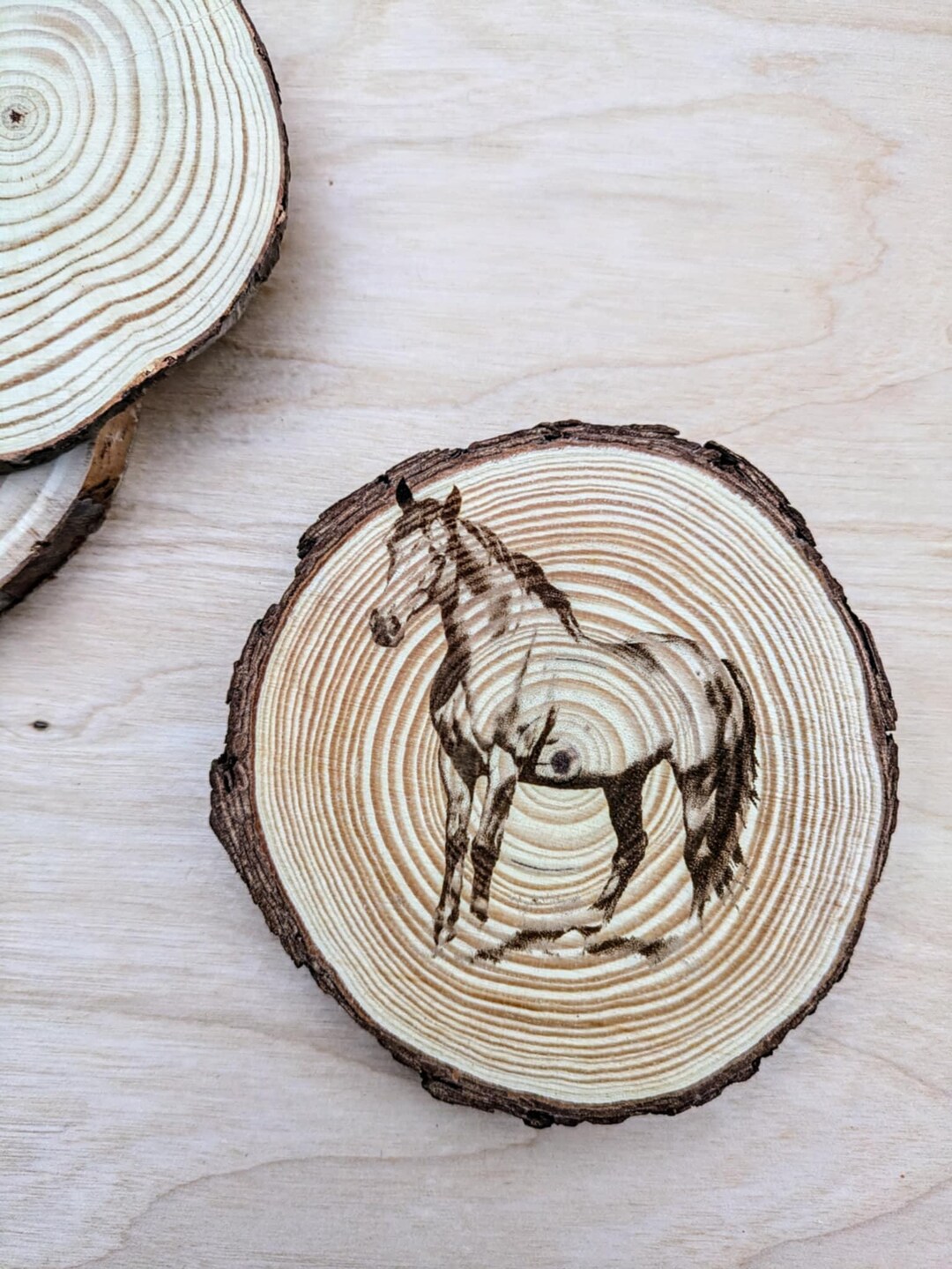 Set of Horse Log Coasters - Rustic Wood Decor Farmhouse Style - Natural ...