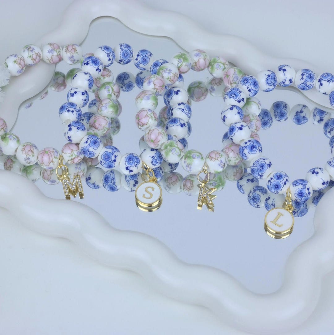 Letter Ceramic Bracelet, Pink Flower Bracelet, Blue Ceramic Bracelet ...