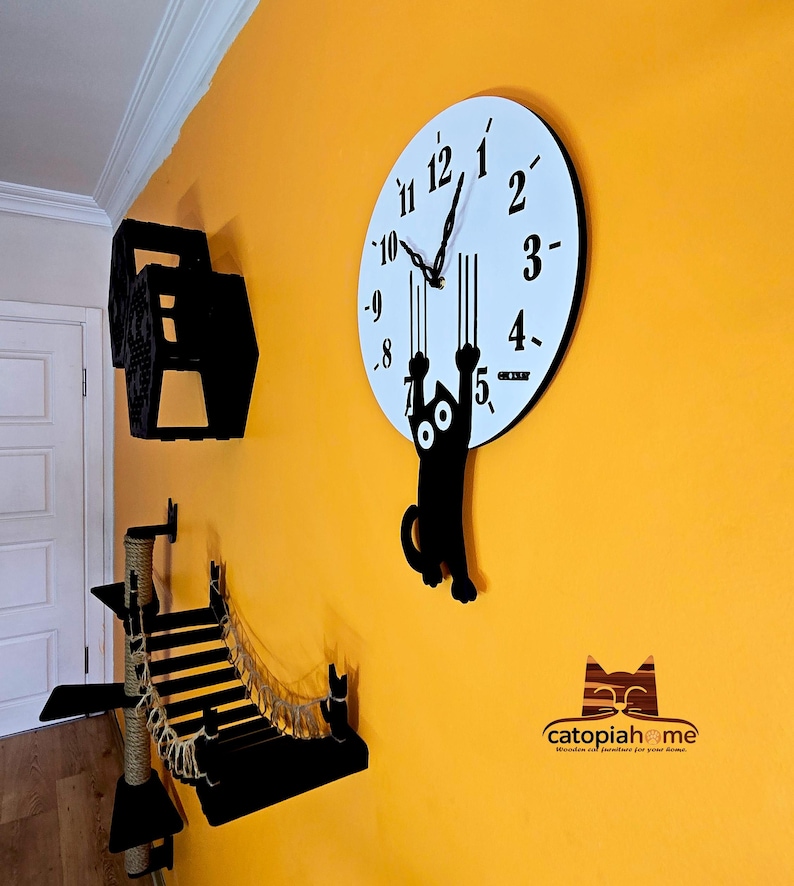 Sliding Cat Wall Clock – Funny Falling Cat Design, Wooden Cat-themed ...