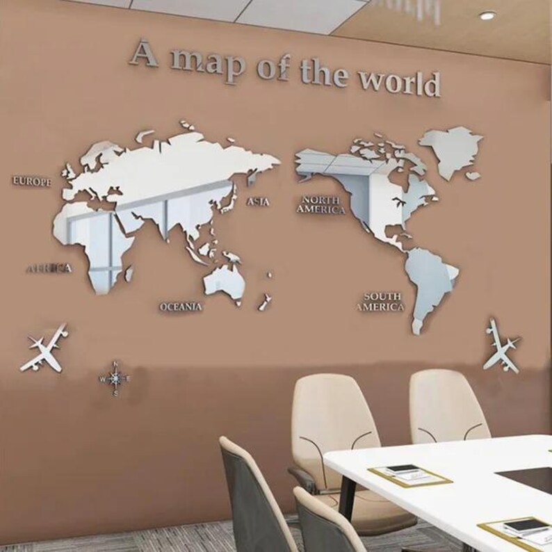 3D Wall Stickers World Map Acrylic Wall Flower Office Hall Room ...