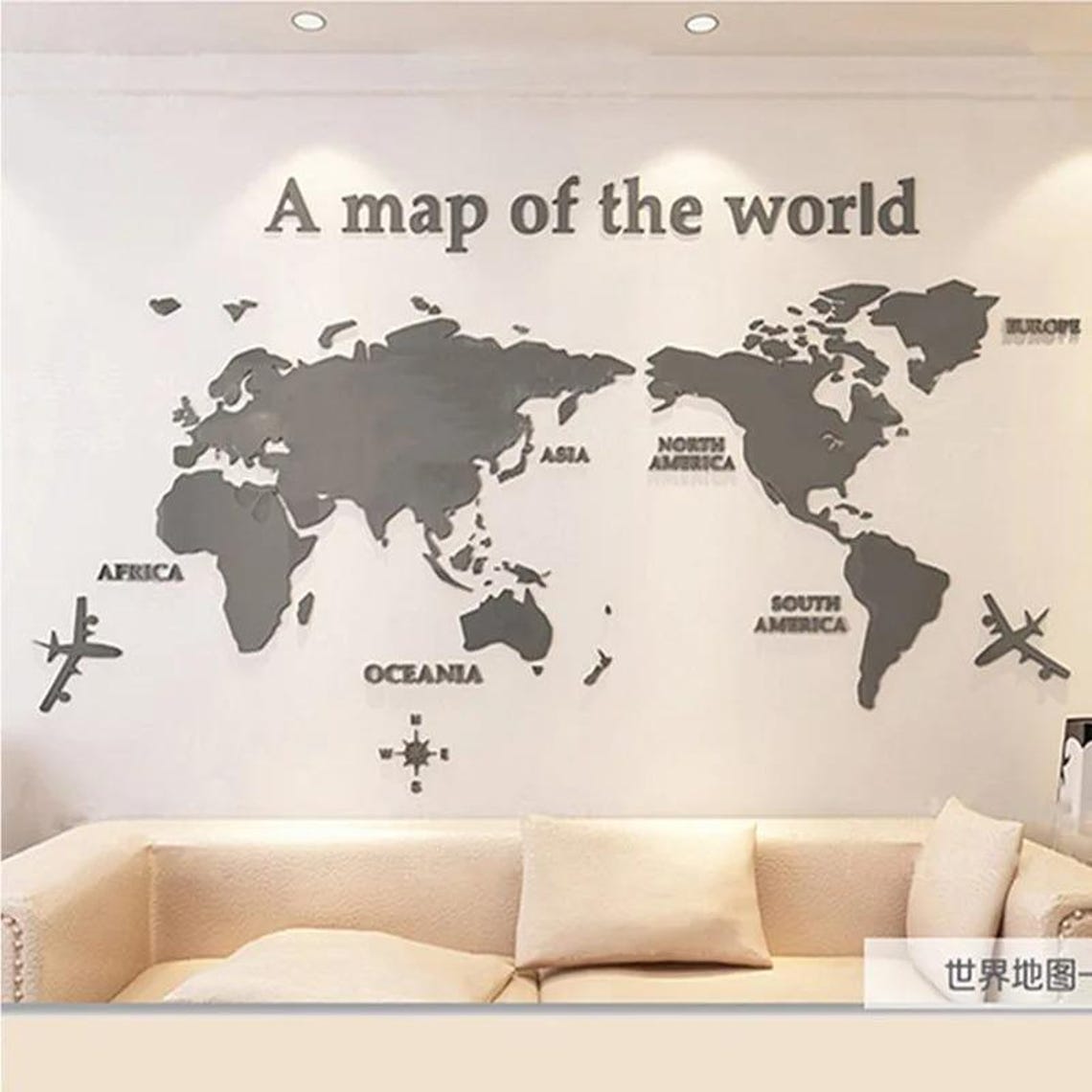 3D Wall Stickers World Map Acrylic Wall Flower Office Hall Room ...