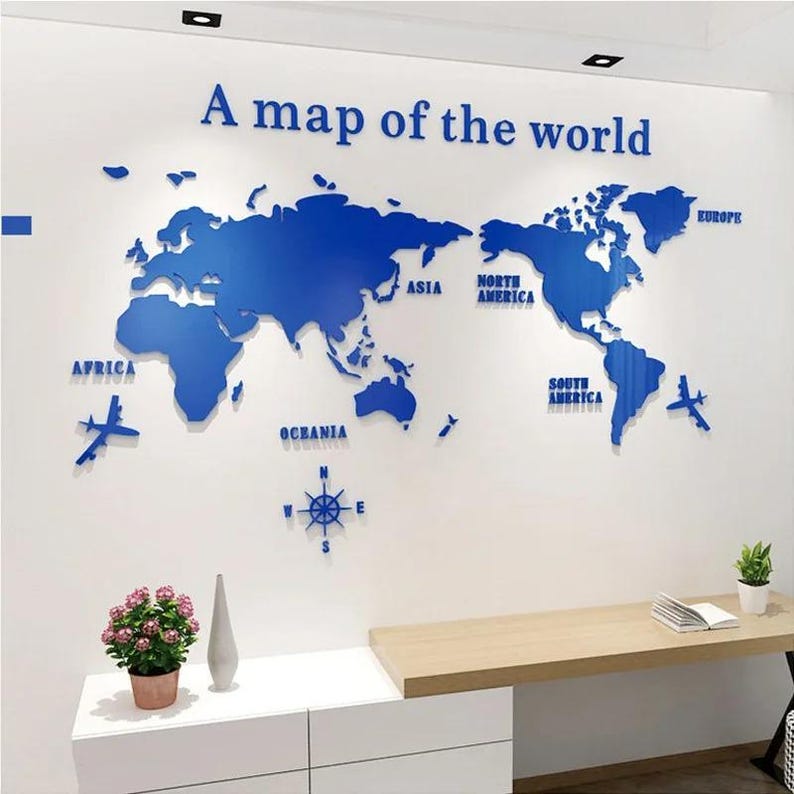 3D Wall Stickers World Map Acrylic Wall Flower Office Hall Room ...