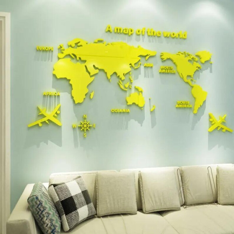 3D Wall Stickers World Map Acrylic Wall Flower Office Hall Room ...