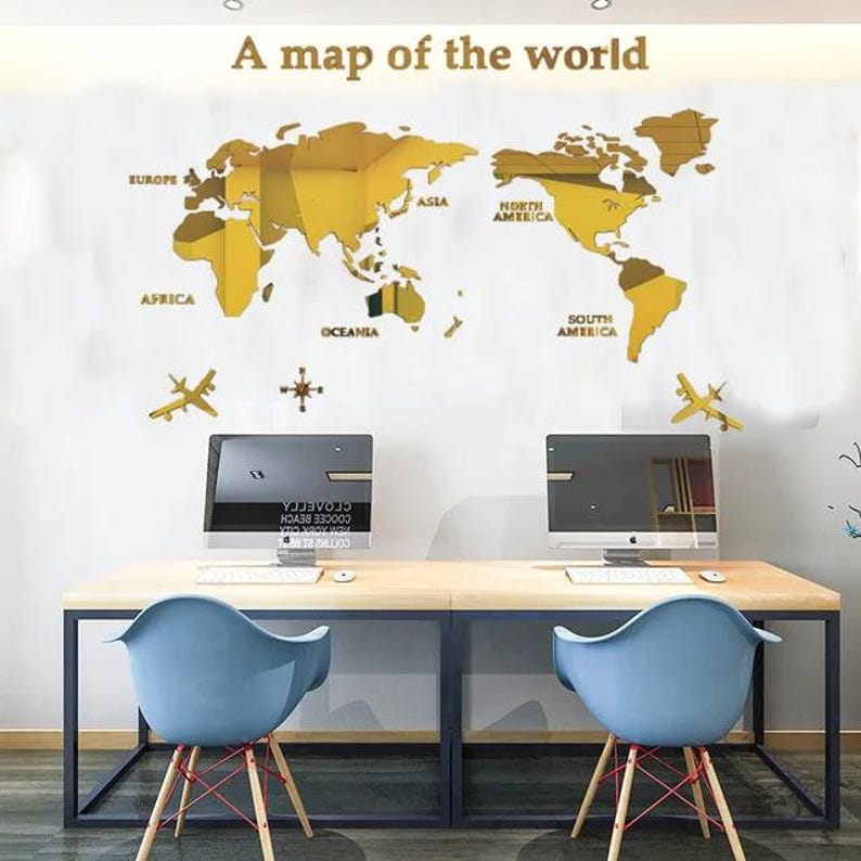 3D Wall Stickers World Map Acrylic Wall Flower Office Hall Room ...