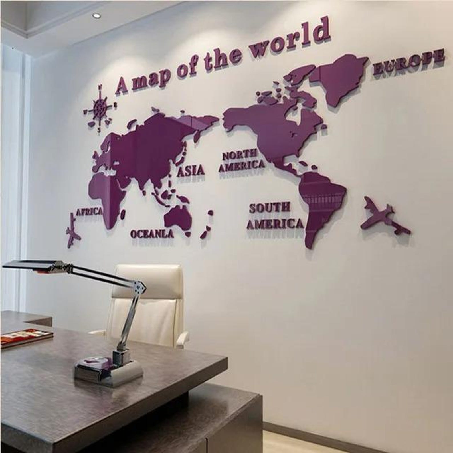3D Wall Stickers World Map Acrylic Wall Flower Office Hall Room ...