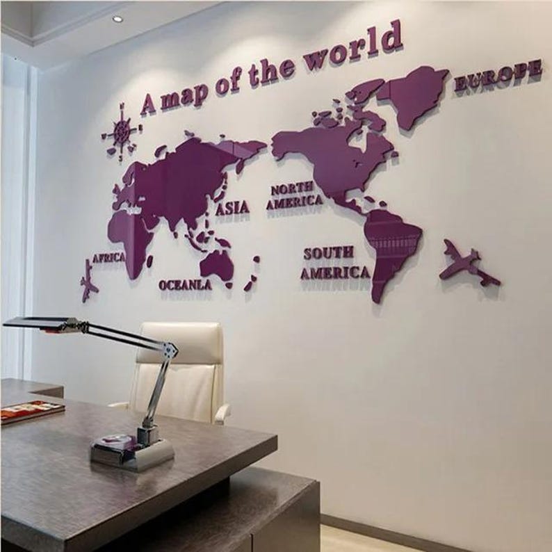 3D Wall Stickers World Map Acrylic Wall Flower Office Hall Room ...