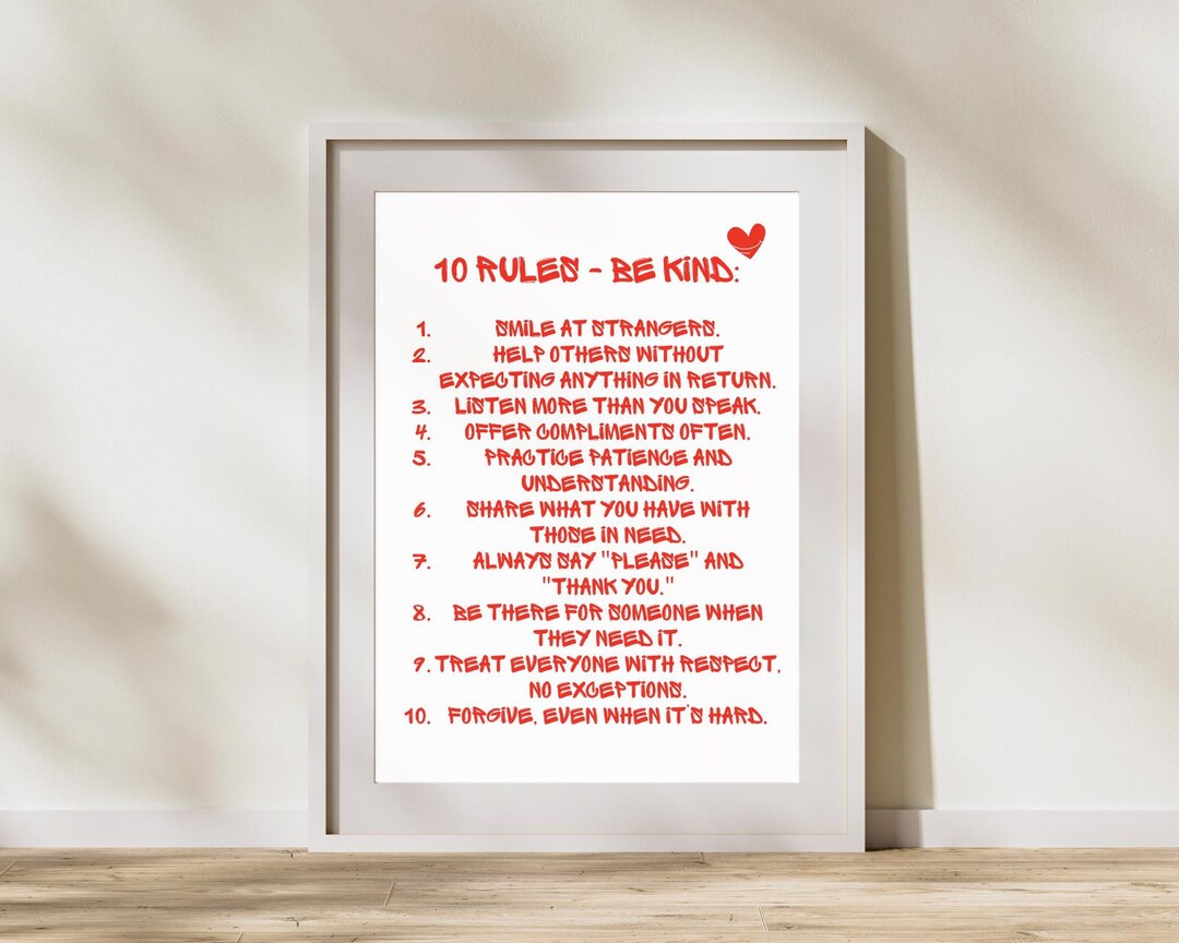 Be Kind Poster | 10 Rules of Kindness Wall Art | Digital Self-growth ...