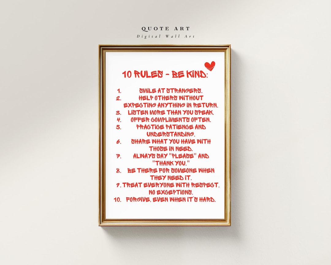 Be Kind Poster | 10 Rules of Kindness Wall Art | Digital Self-growth ...
