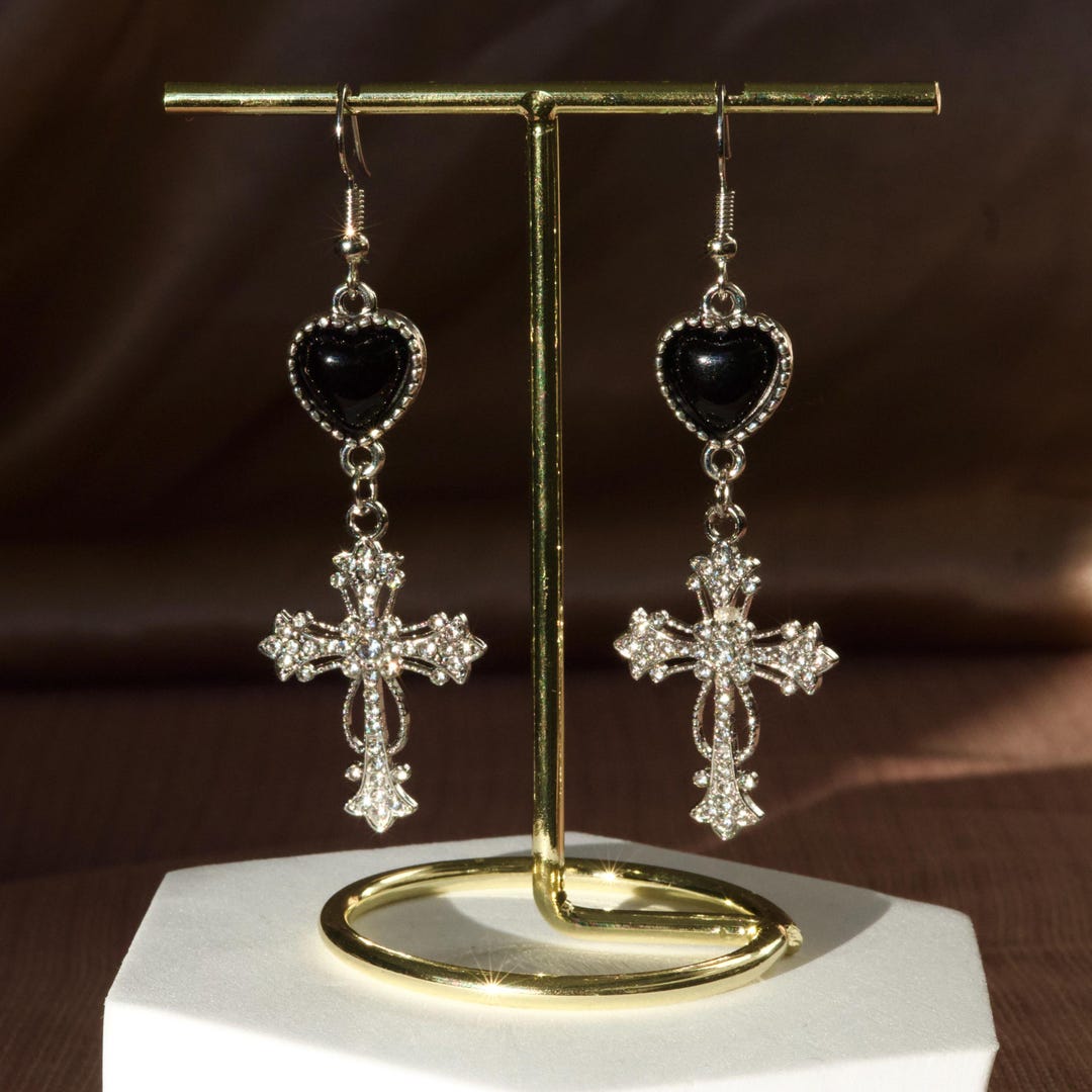 Black Goth Cross Dangle Earrings - Edgy Vintage Style, Romantic Grunge ...