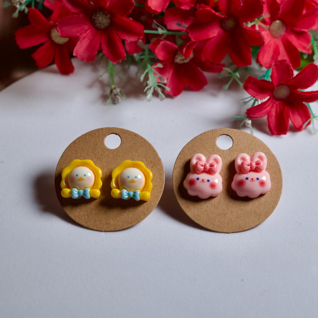 2 Pairs Set, Kawaii Duck & Bunny Earrings Set Fairy Kei Pastel Animal ...