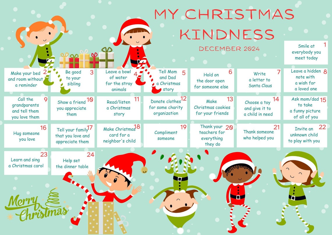 Printable My Christmas Kindness Elves Advent Calendar A4/A3 Landscape ...