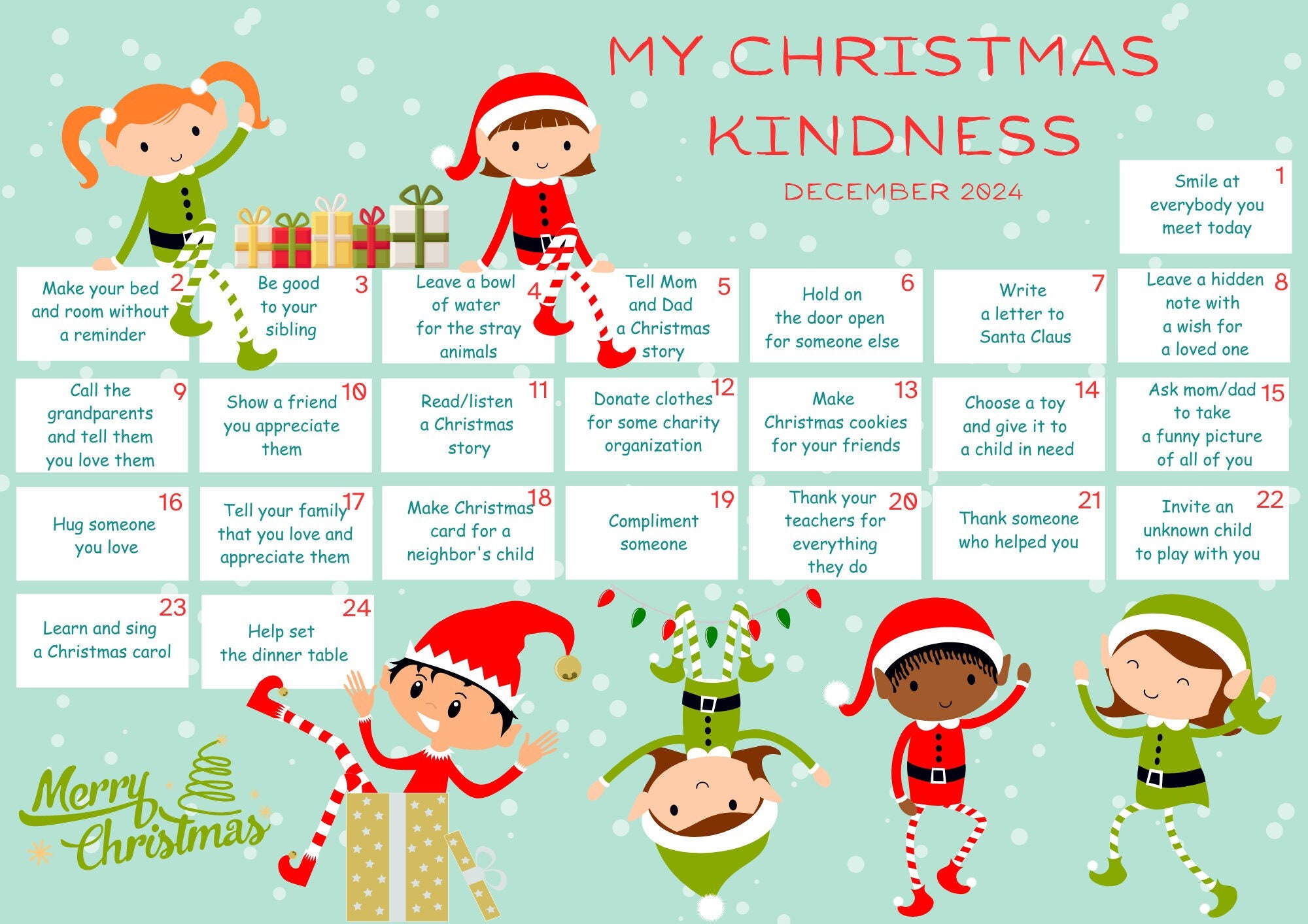 Printable My Christmas Kindness Elves Advent Calendar A4/A3 Landscape ...