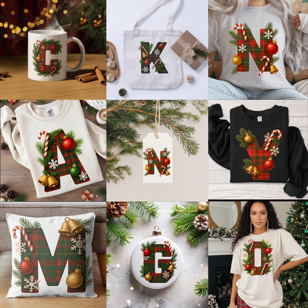 Christmas Alphabet Clipart, Christmas Initials PNG & PDF, Tartan Plaid ...