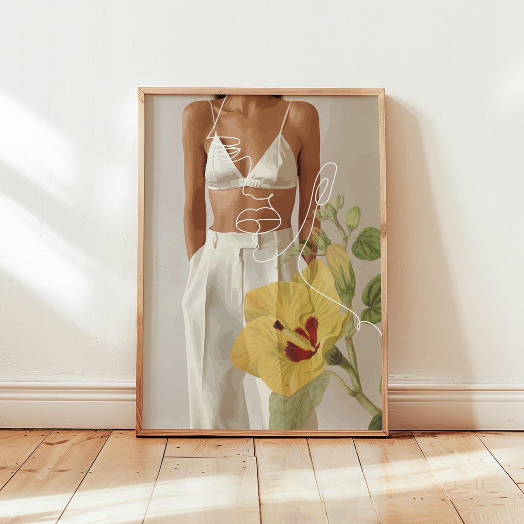 Pôster vertical fosco com desenho de mulher em estilo linear e hibisco ...