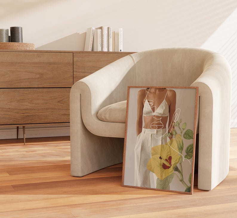 Pôster vertical fosco com desenho de mulher em estilo linear e hibisco ...