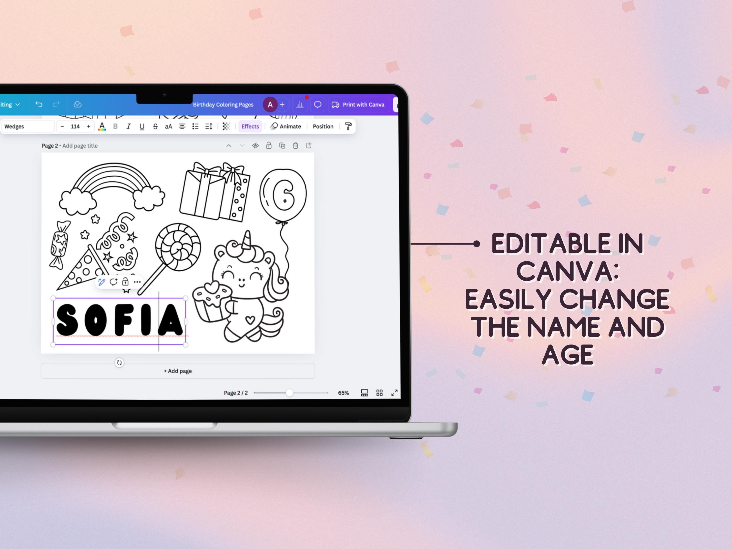 Personalized Birthday Unicorn Theme Coloring Placemats, Editable Canva ...