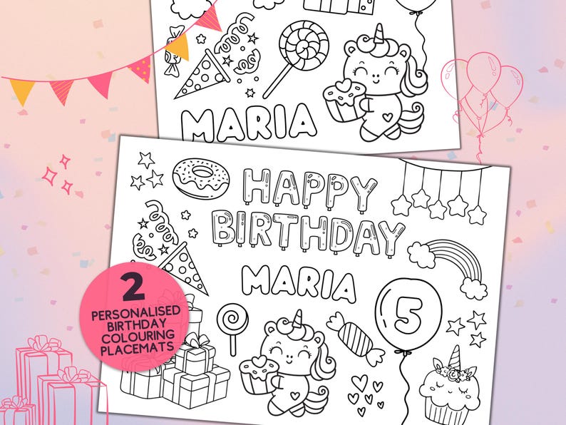 Personalized Birthday Unicorn Theme Coloring Placemats, Editable Canva ...