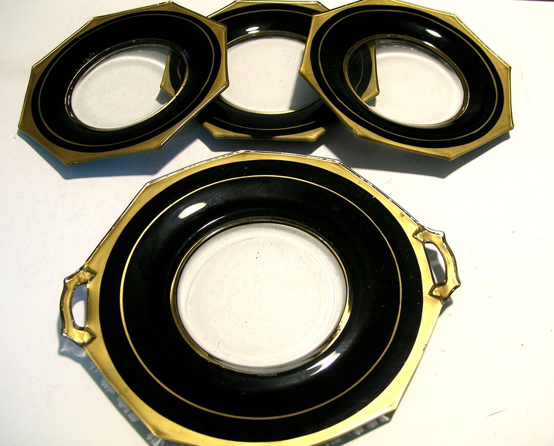 Vintage Black and Gold Glass Plates Hexagon - Etsy