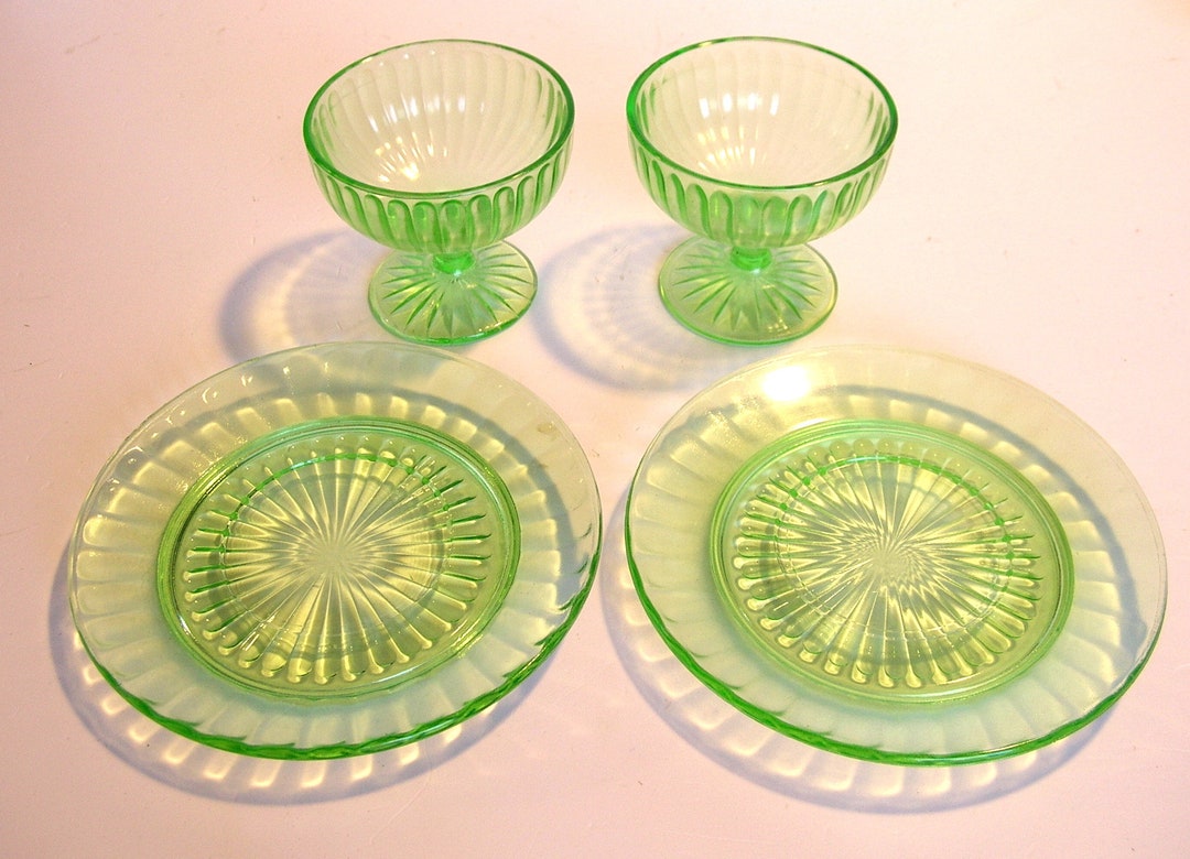 Green Depression Glass Dessert Compote and Plate, Two Sets - Etsy