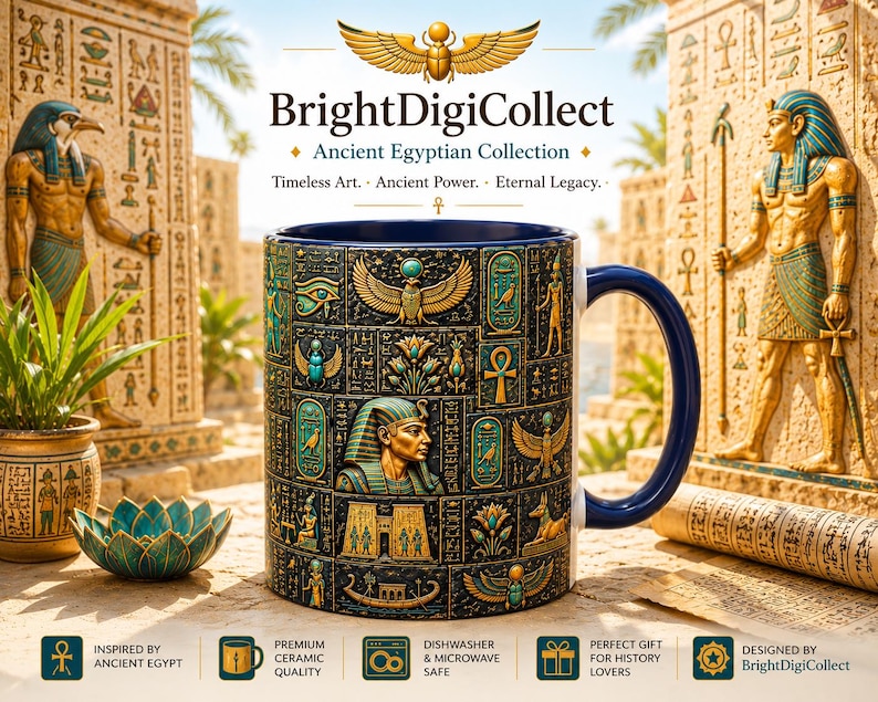 Egyptian Mosaic Ceramic Mug, Ancient Pharaoh Hieroglyphics Coffee Cup ...