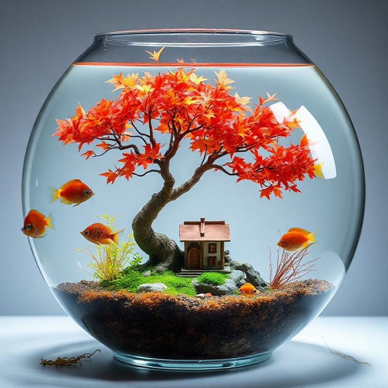 Bonsai Tree Art - Fishbowl Aquarium With Bonsai Tree and Small House - Etsy