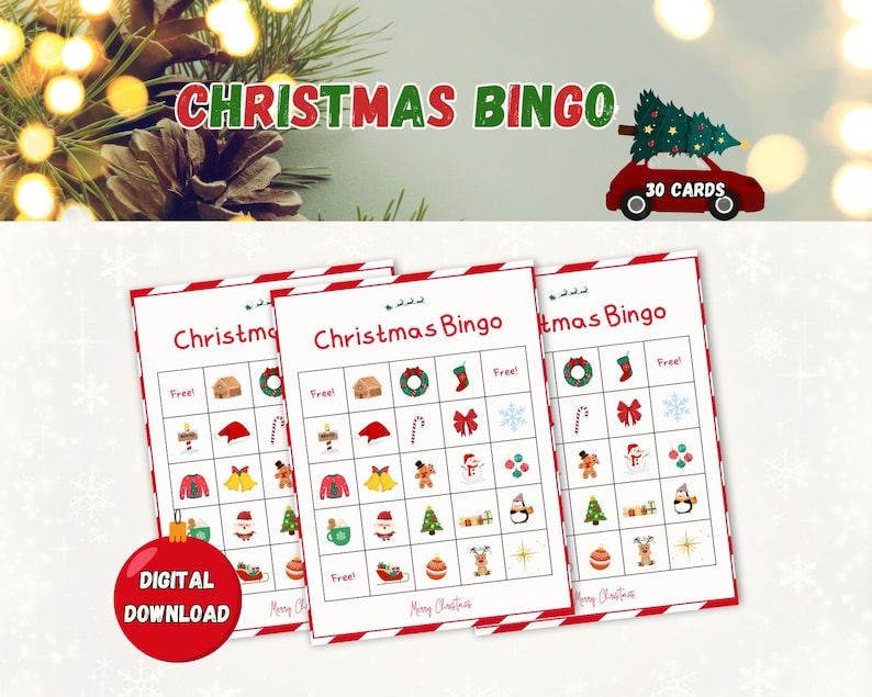 30 Christmas Bingo Card Printable Game, XMAS, Christmas Bingo Board ...