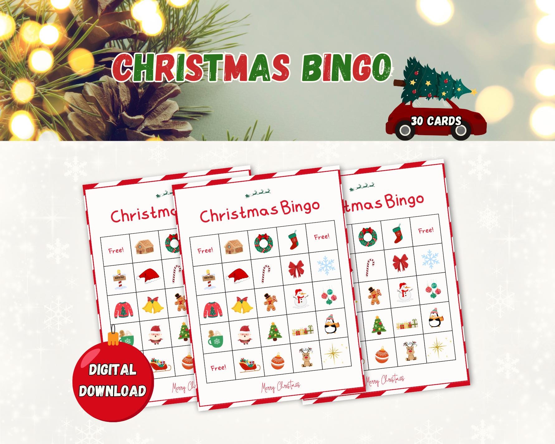 30 Christmas Bingo Card Printable Game, XMAS, Christmas Bingo Board ...
