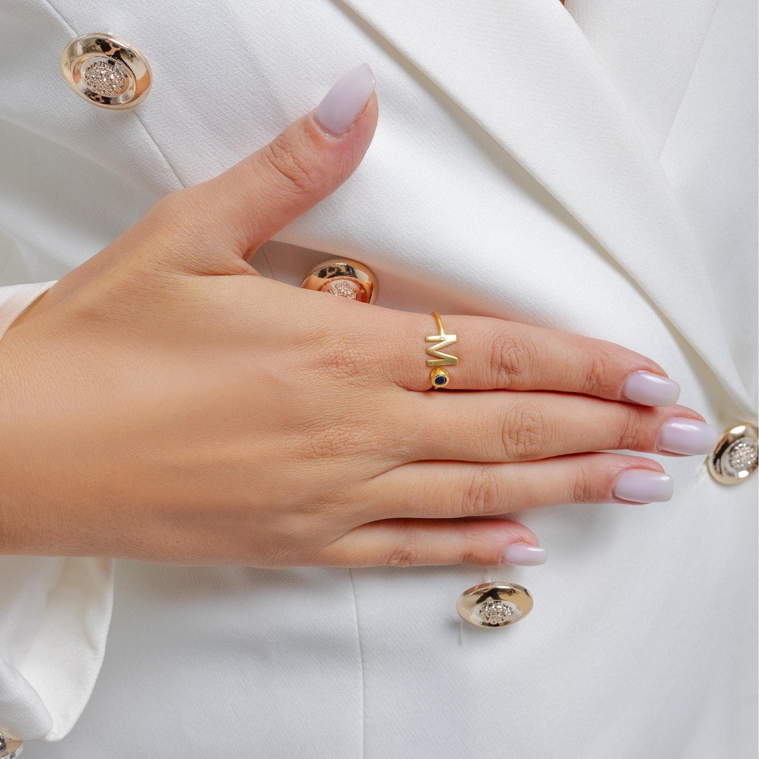 Birthstone Initial Ring With Birthstone, Ring With Initial Tiny Letter ...